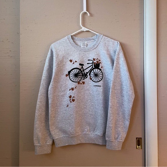 Marushka | Tops | Marshka Handprints Fall Leaves Bike Gray Crewneck ...